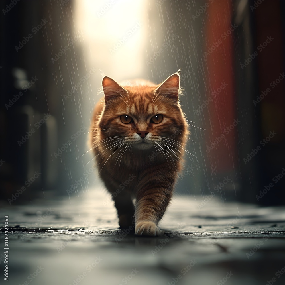 Stray cat an agile feline predator stalks its domain in a rain soaked ...