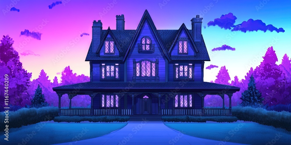 2D animation house with gothic revival style architecture Stock ...