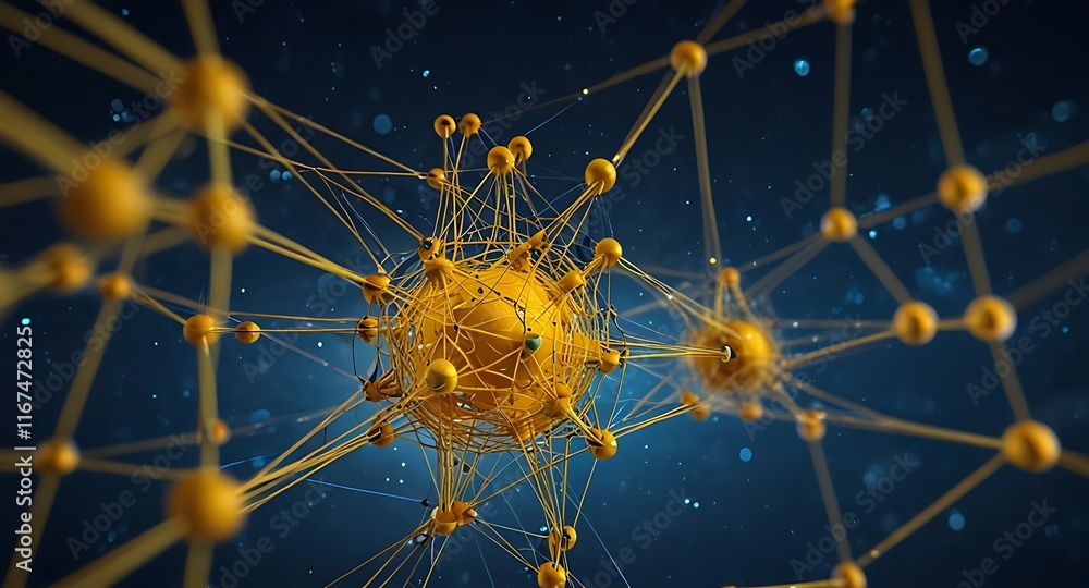 A futuristic 3D rendering showcases a dynamic yellow wireframe network ...