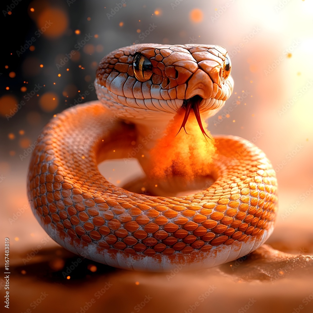 Coiled snake releasing pungent pheromones its scales reflecting the ...