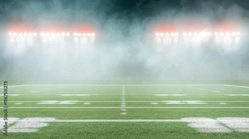 American football field with bright stadium lights and fog, ideal for ...