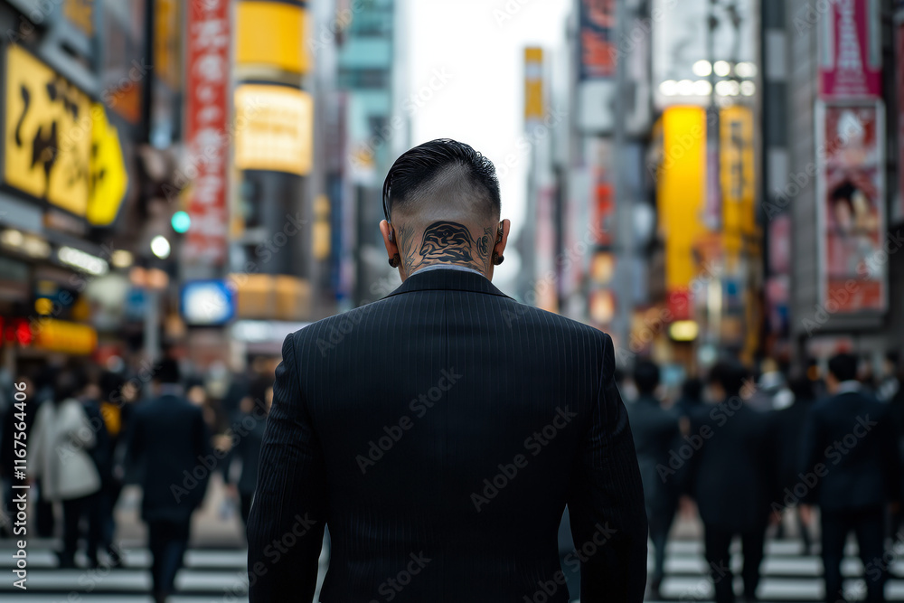 Yakuza member walking down the bustling Shibuya crossing in Tokyo, his ...