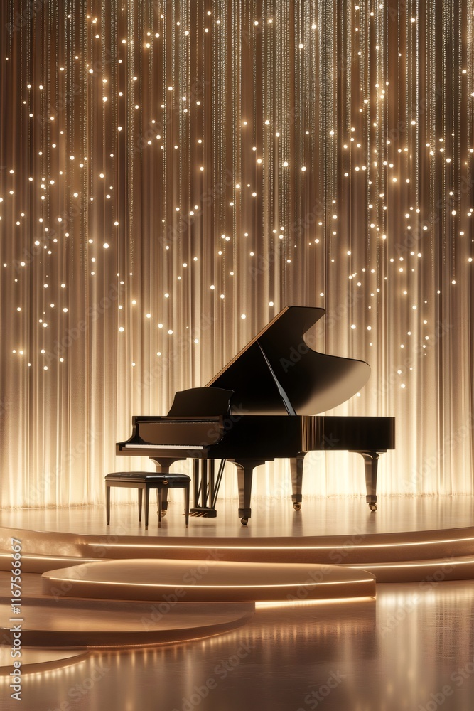 Black grand piano on illuminated stage with golden curtains creating a ...