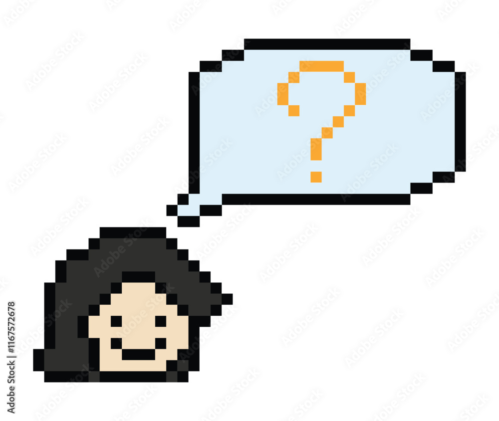 Cute pixel cartoon character woman with question mark decoration 8 bit ...