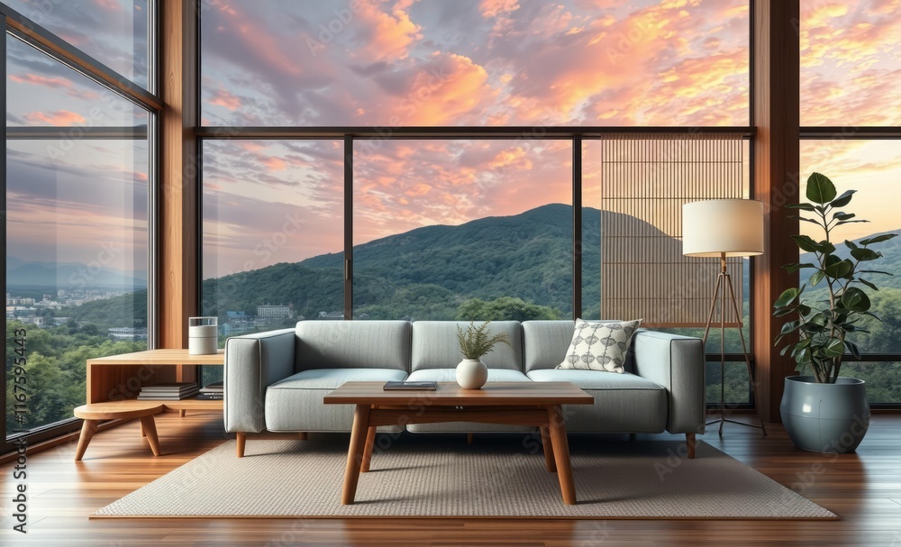 Muji sofa and decoration wabisabi on japandi room interior 3d rendering ...