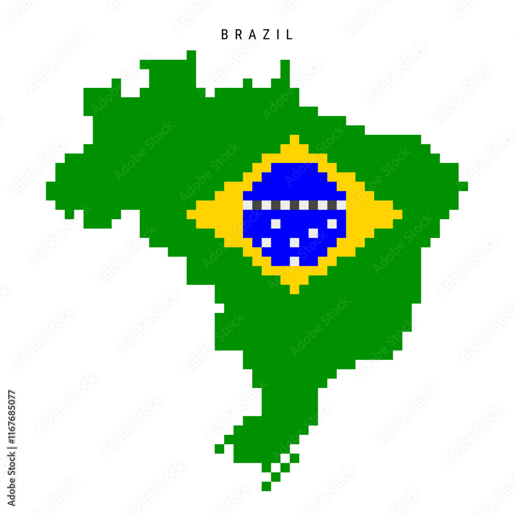 Brazil pixel flag map icon. 8 bit pixel art Brazilian map covered with ...