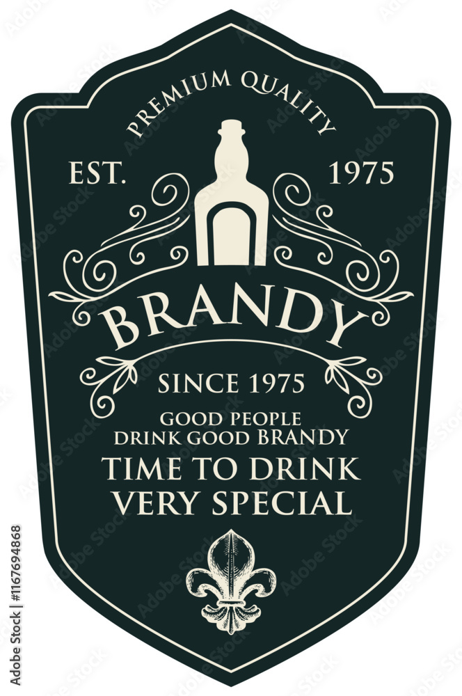 Hand-drawn banner or label for Brandy with coat of arms on an old paper ...