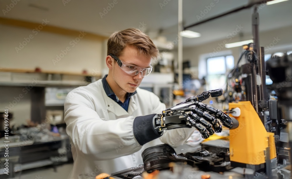 Robotics engineer calibrating a robotic prosthetic hand, showcasing ...