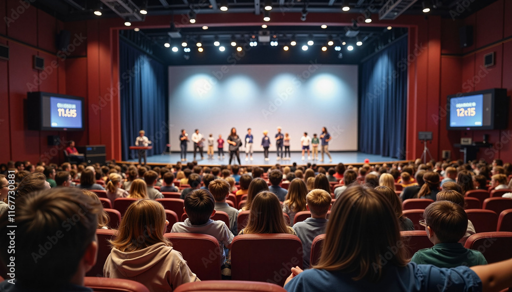 Students competing at math event on stage, educational achievement ...
