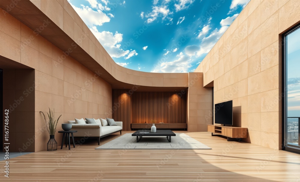Japandi inspired minimalist loft with textured walls and low slung ...
