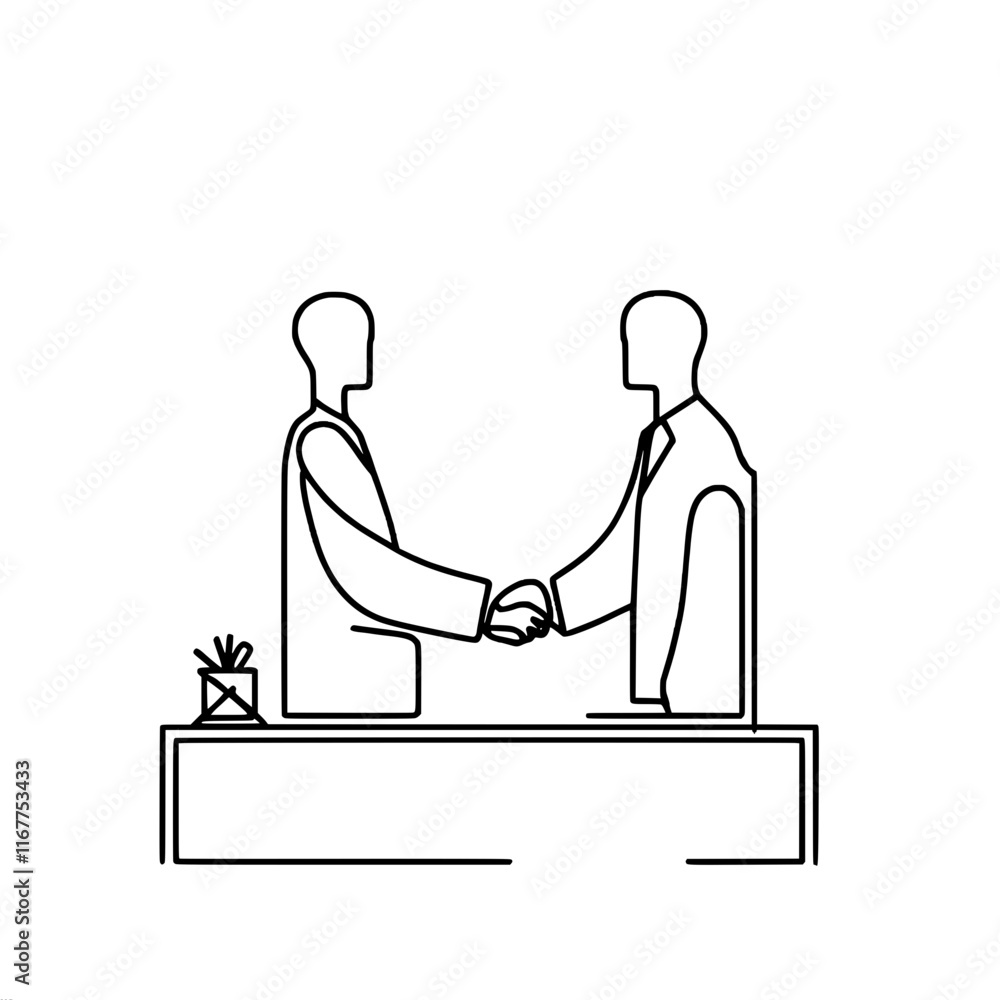 Minimalist line art of two people shaking hands over a desk, single ...