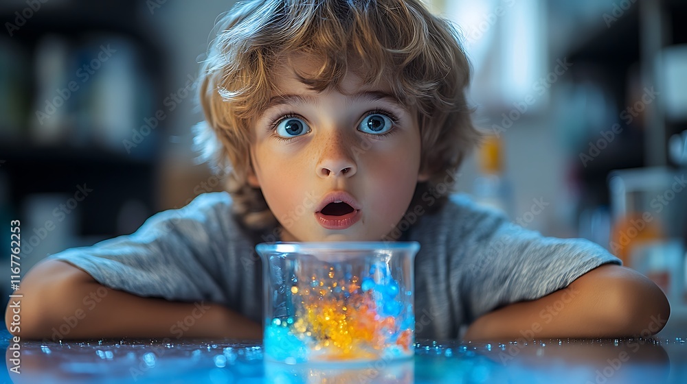 Young boy around 7 year old wide eye open mouth watching awe colorful ...