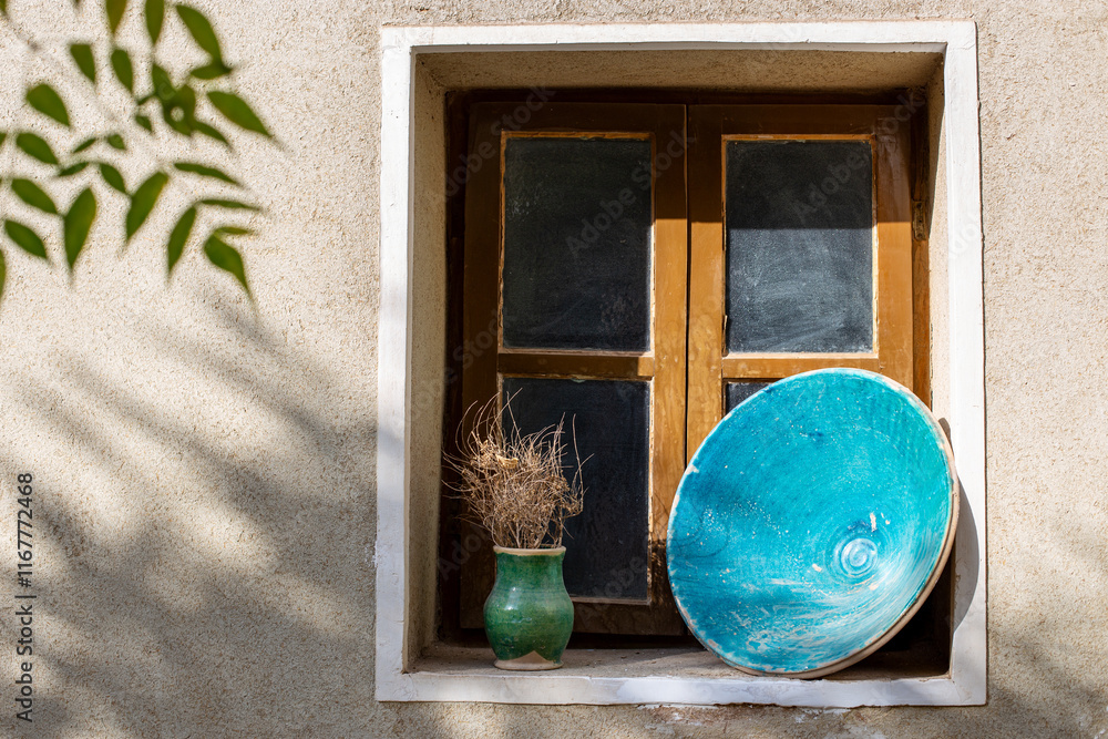 old persian window with ceramic decor pottery on the window frame ...