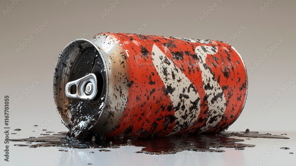 Dirty, mud-covered soda can lying on its side, leaking dark liquid ...