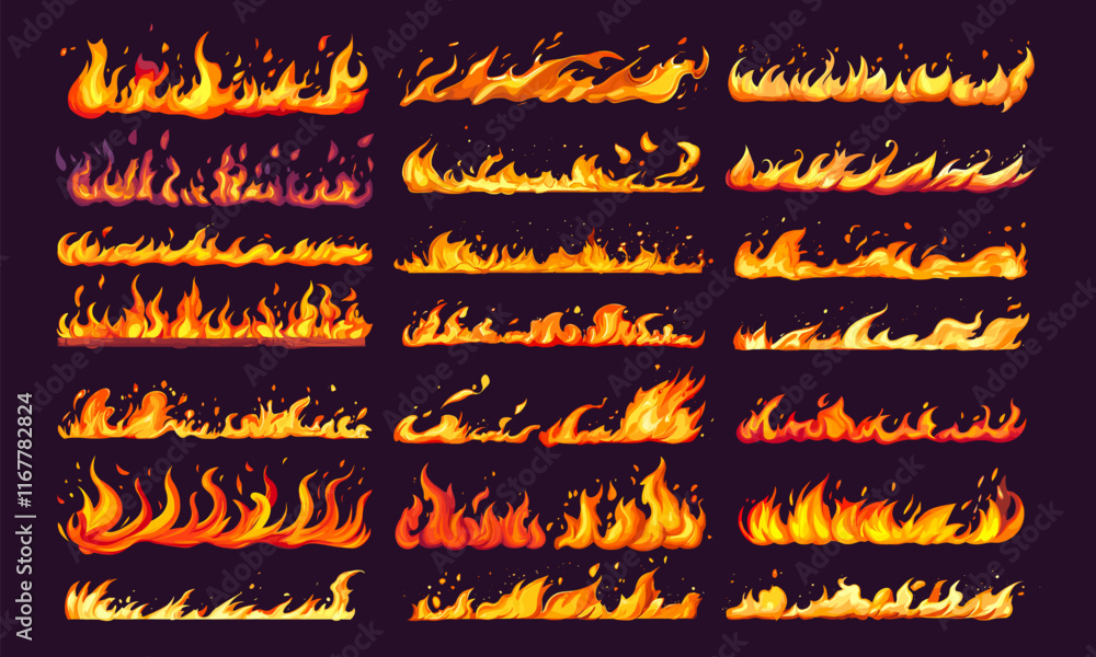 Fire borders. Burn flame frame border glowing burning horizontal lines ...