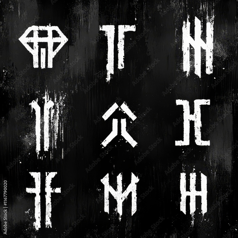 Black seamless design with scribbled white runes, evoking Scandinavian ...