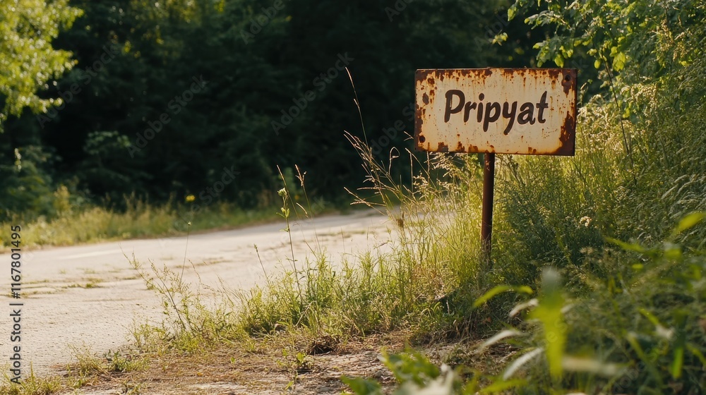 Pripyat sign overgrown with wild grass, symbol of nature reclaiming ...
