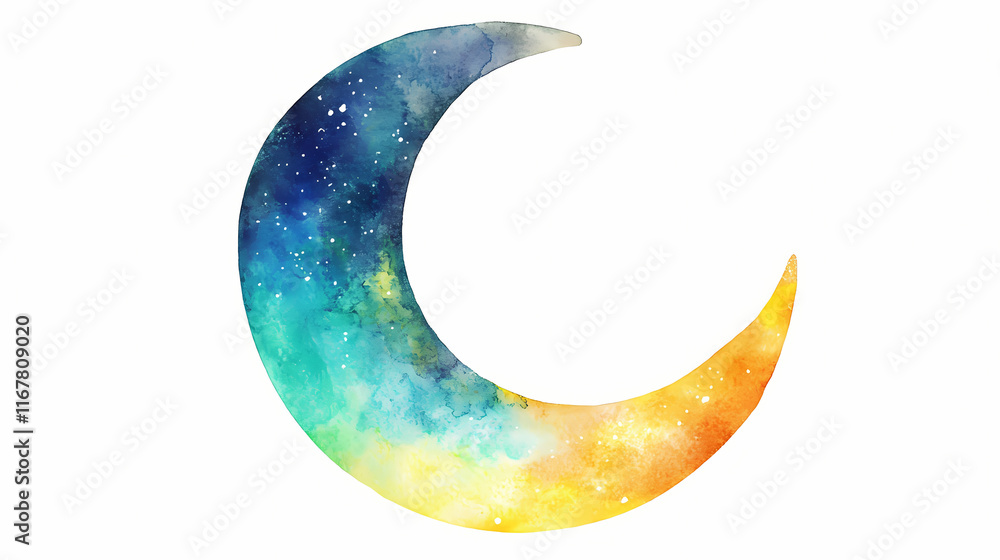 Colorful watercolor crescent moon clipart, white isolated background ...