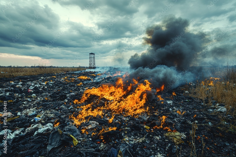 Burning Trash in Landfill, Smoke Rising Over Waste, Environmental ...