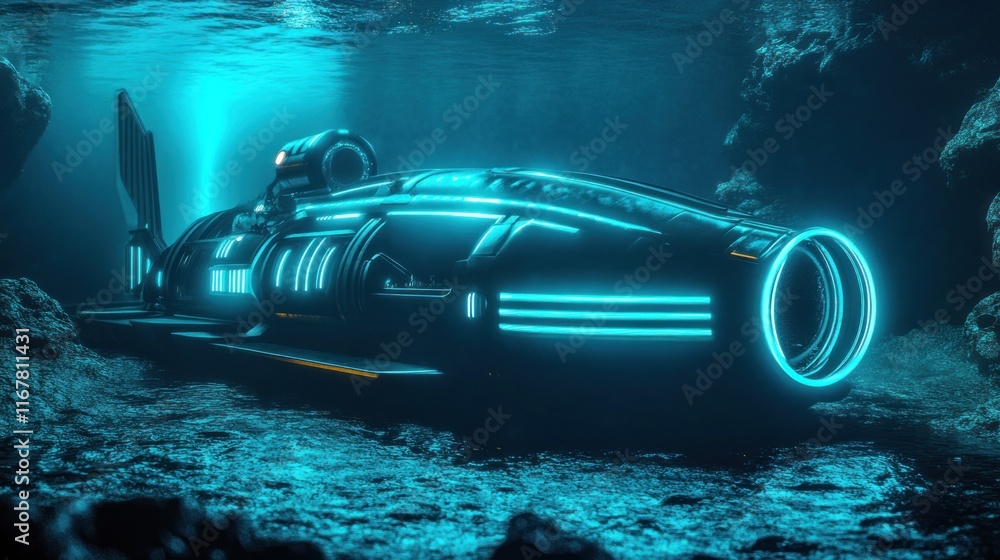 Futuristic submersible, sleek underwater vehicle, glowing neon lights ...
