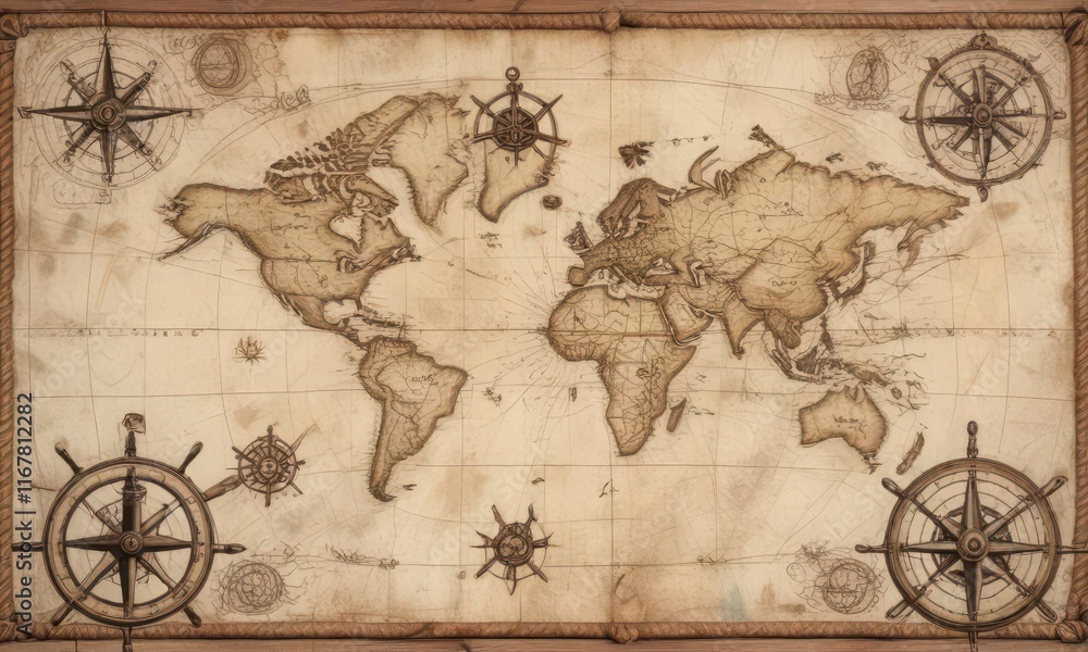 Distressed vintage nautical chart with rope borders and hand-drawn ...