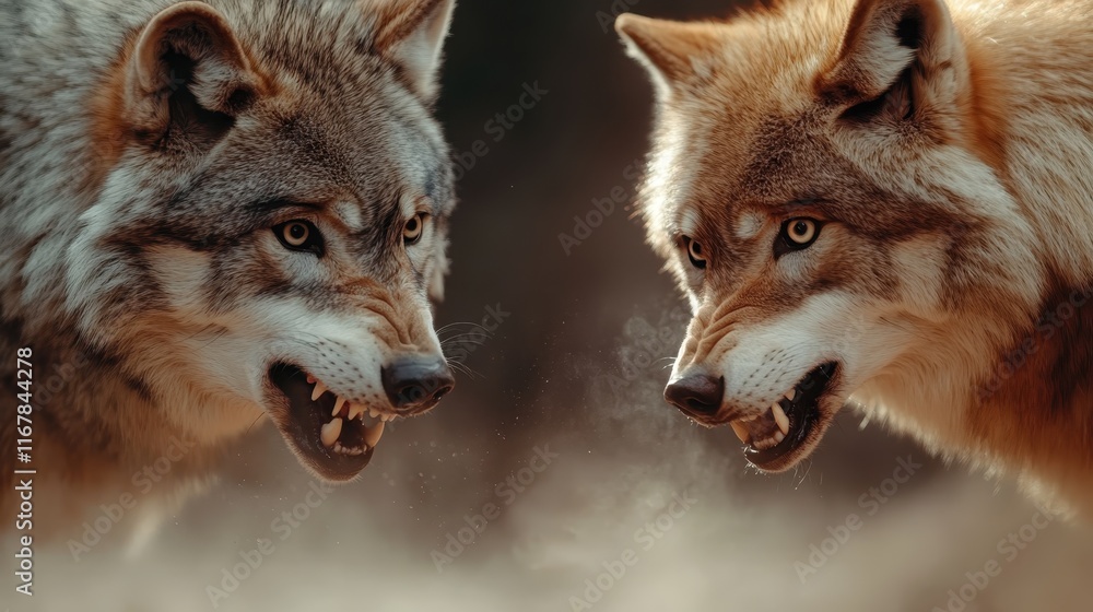 Two growling wolves face off, showcasing their sharp teeth and intense ...