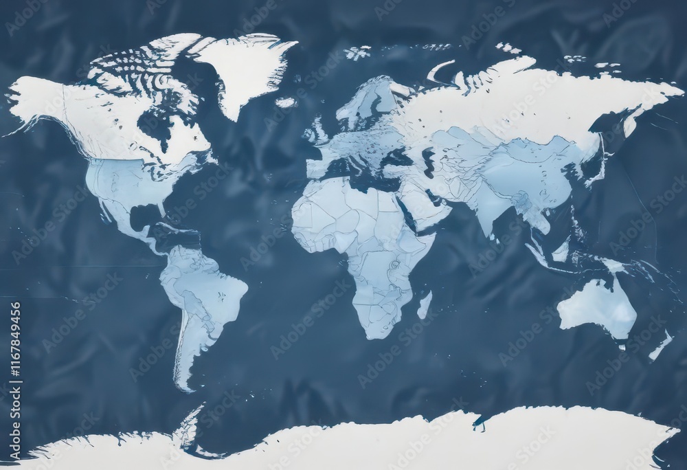 Blue and white vector outline of the world map showing continent shapes ...