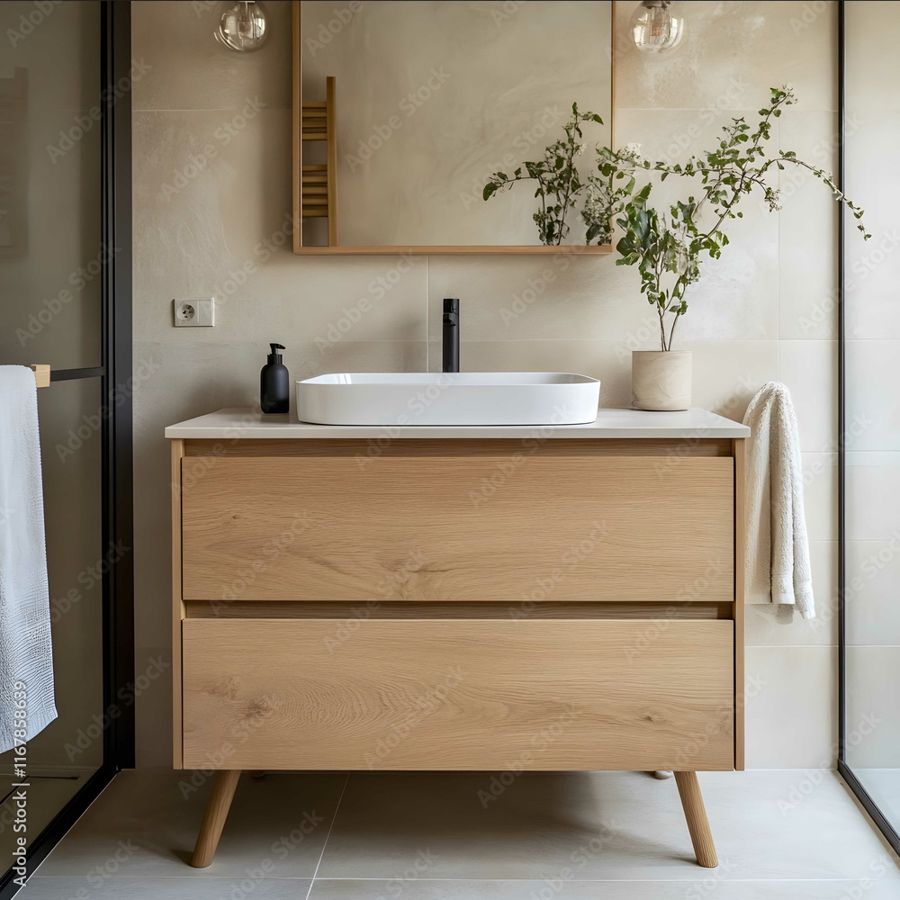single bathroom vanity with natural light oak cupoards to the floor and ...