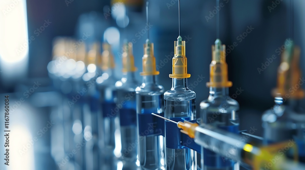 Glass vials filled with liquid vaccine are lined up on a laboratory ...