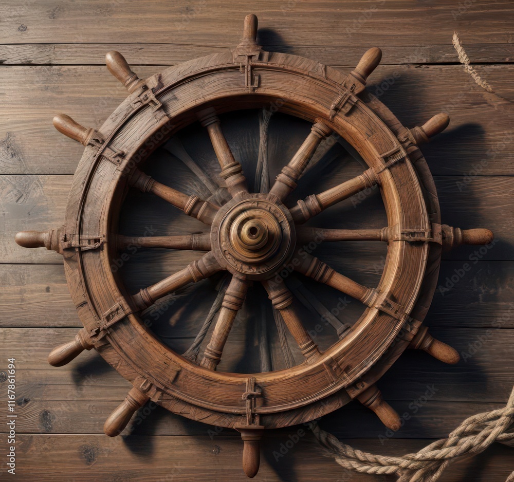 Vintage wooden ship wheel with rusty bronze details and rope wrapping ...