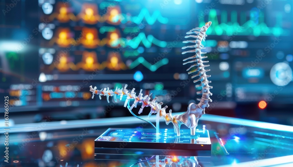 High-quality 3D model of a human spine on a futuristic medical display ...