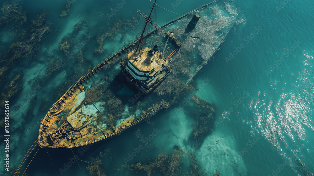 Sunken ship in the ocean with oil spill represents environmental damage ...