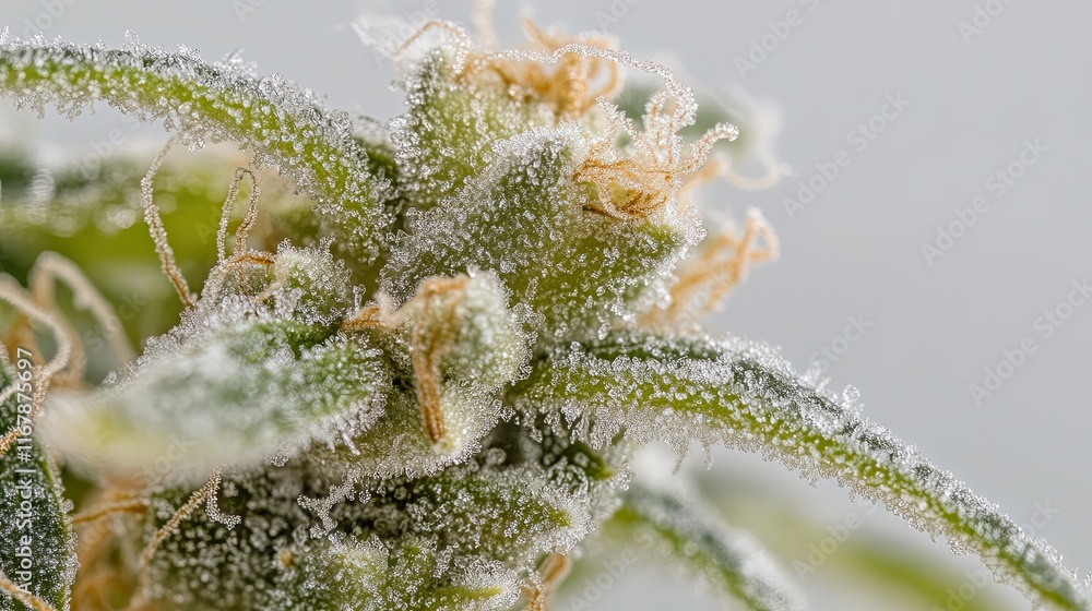 Close-up of cannabis bud, trichomes visible, neutral background ...
