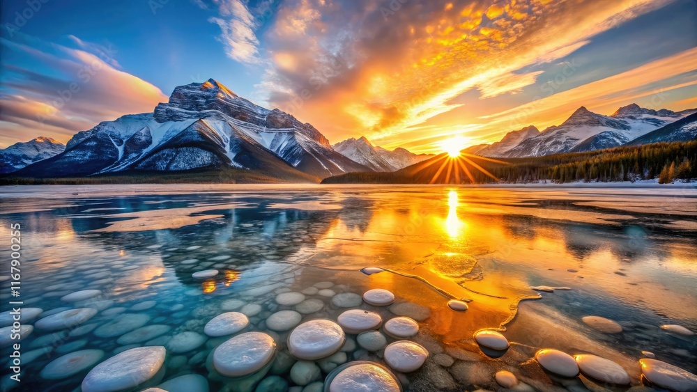 Abraham Lake's frozen surface: sunrise illuminates ethereal ice bubbles ...