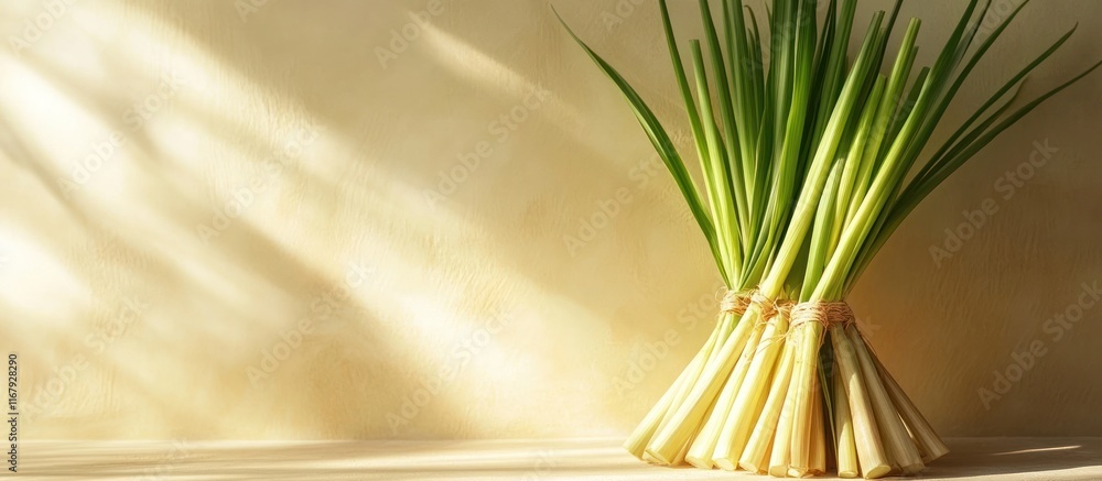 Freshly harvested green onions or scallions tied in a bundle and ...