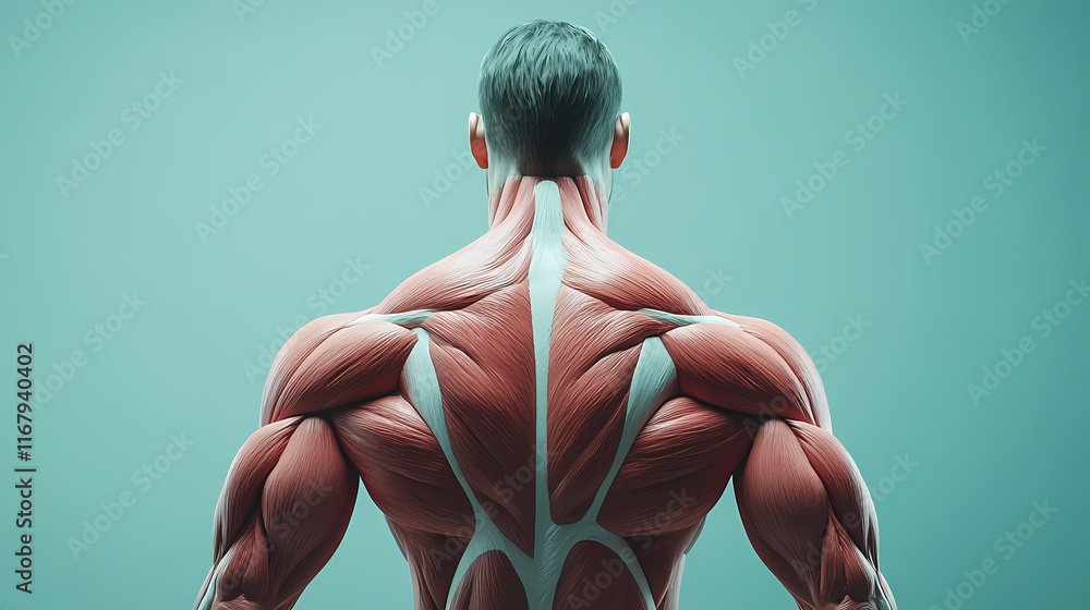Detailed human muscle anatomy showcasing the back view of muscles and ...