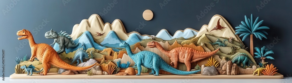 Geological time board flat design side view fossils and dinosaurs theme 3D render complementary ...