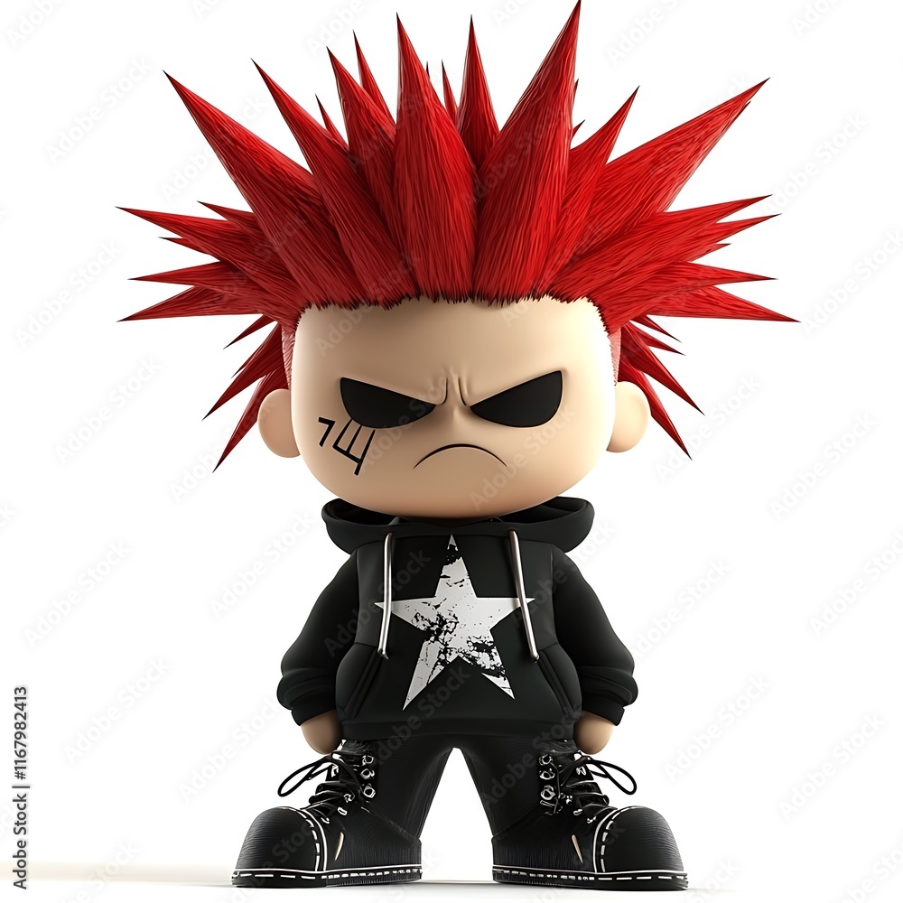 Angry 3D Render of a Punk Rock Cartoon Boy with Spiky Red Hair, Black ...