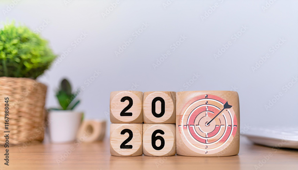 Photo Stock 2026 year with the target which prints screens on wooden ...