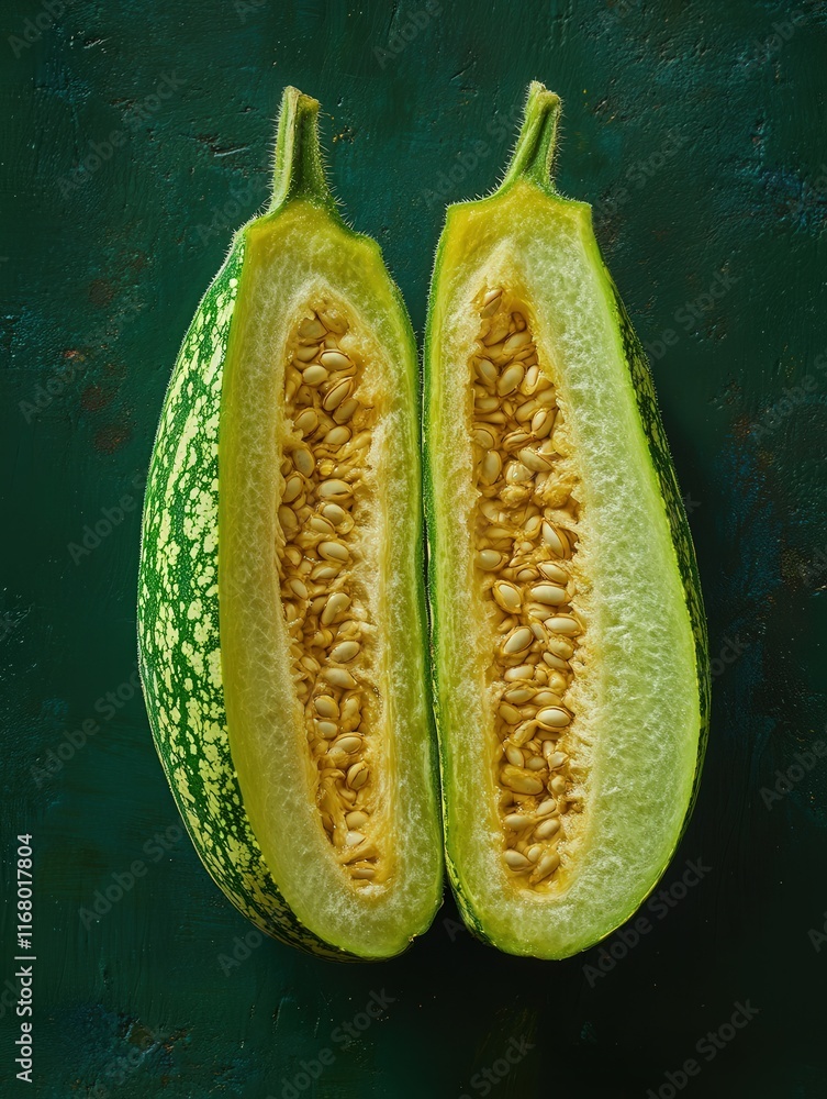 halved bitter melon, with its unique seeds and spongy texture on full ...