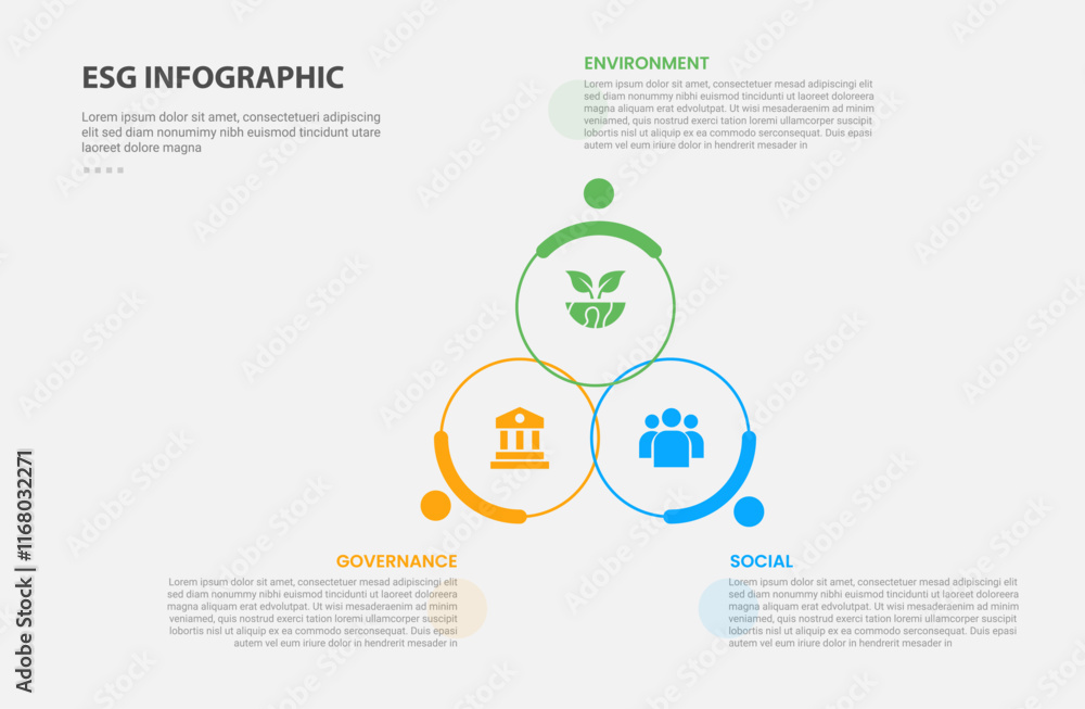 ESG infographic outline style with 3 point template with big circle ...
