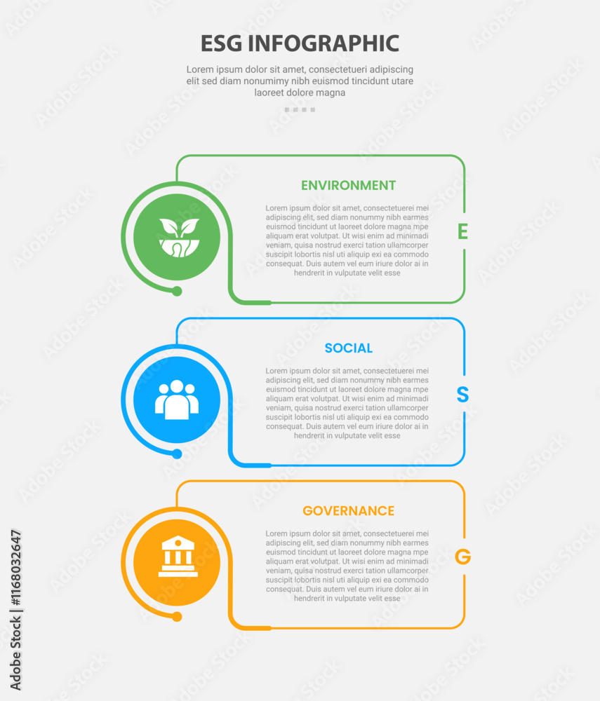 ESG infographic outline style with 3 point template with creative box ...