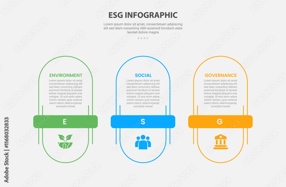 ESG infographic outline style with 3 point template with vertical round ...