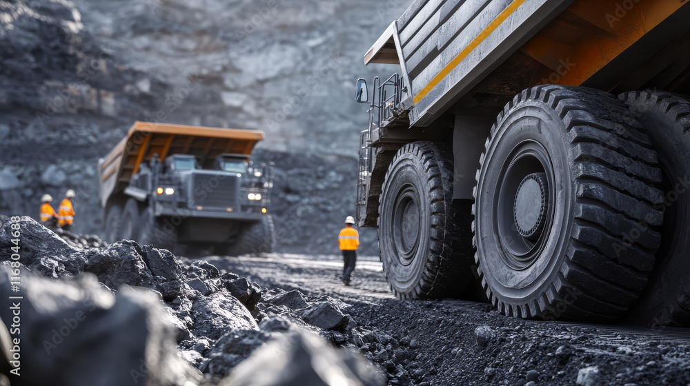 Heavy mining trucks operate in quarry with workers in safety gear ...