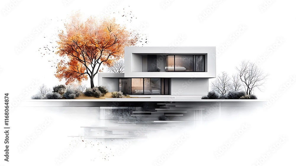 pencil sketch of a modern detached house, isolated on white background ...