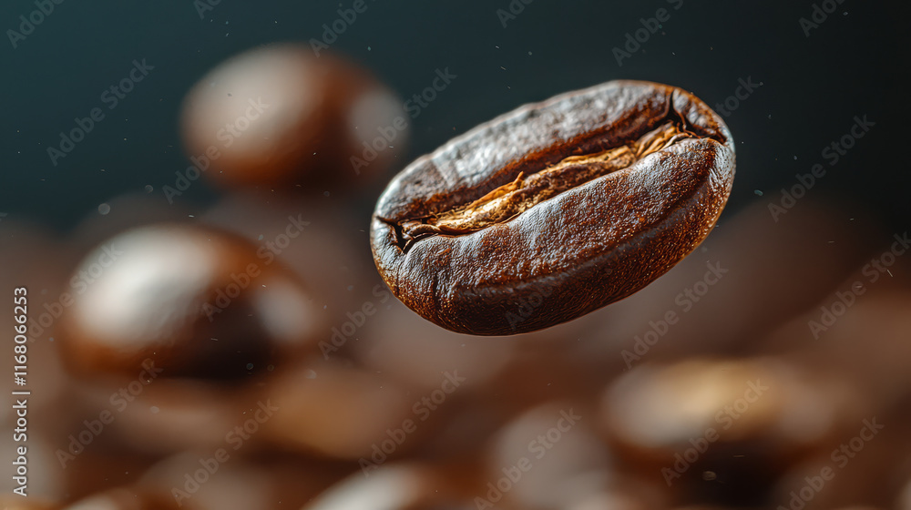 Flying coffee bean on dark brown background, showcasing its rich ...