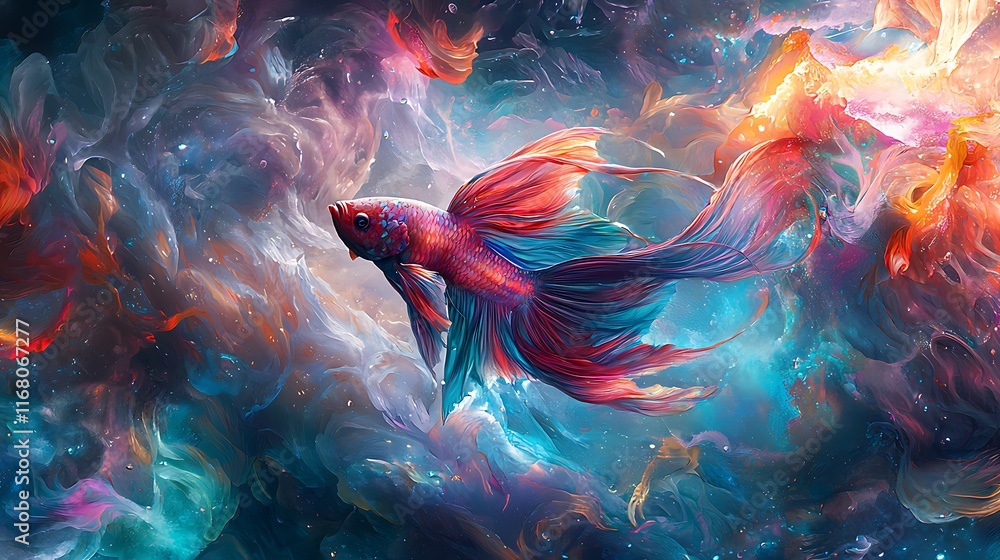 Cosmic Betta Splendor: A vibrant betta fish gracefully swims through a ...