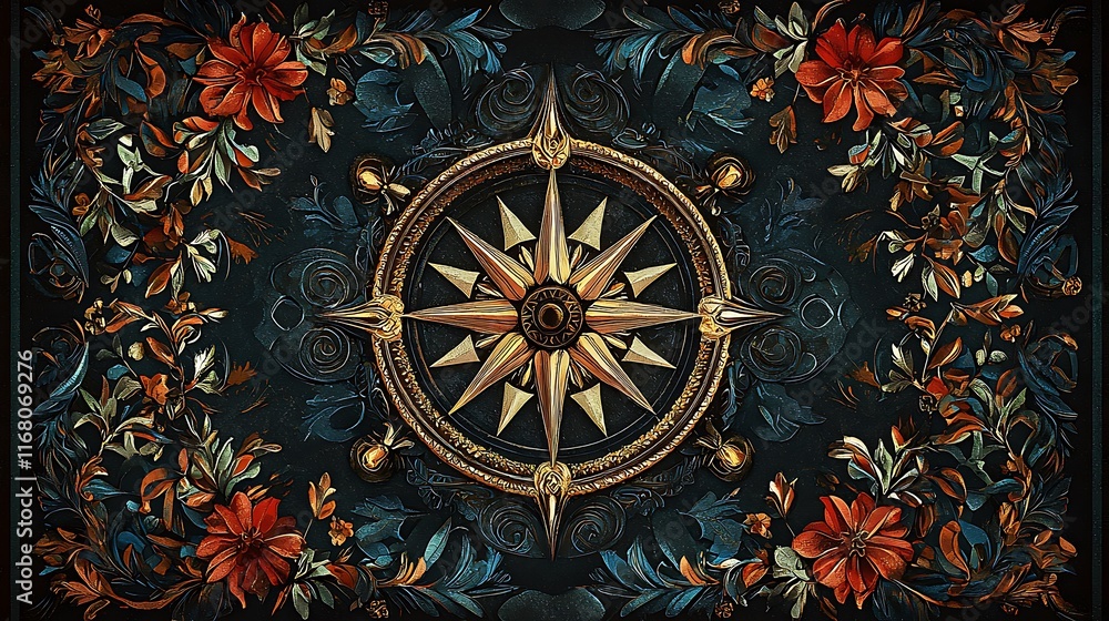Ornate Compass Rose in a Floral Frame: A Journey of Discovery Stock ...
