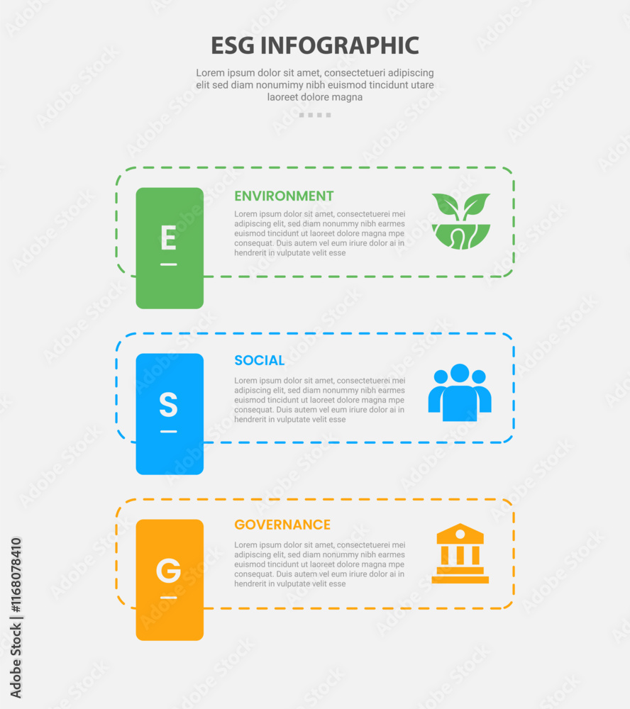 ESG infographic outline style with 3 point template with dotted line ...