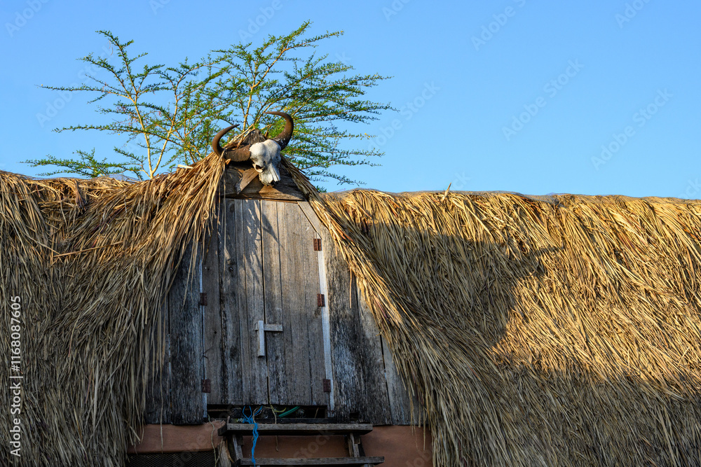 Old African hunting lodge stable, detail of thatch roof with wood ...